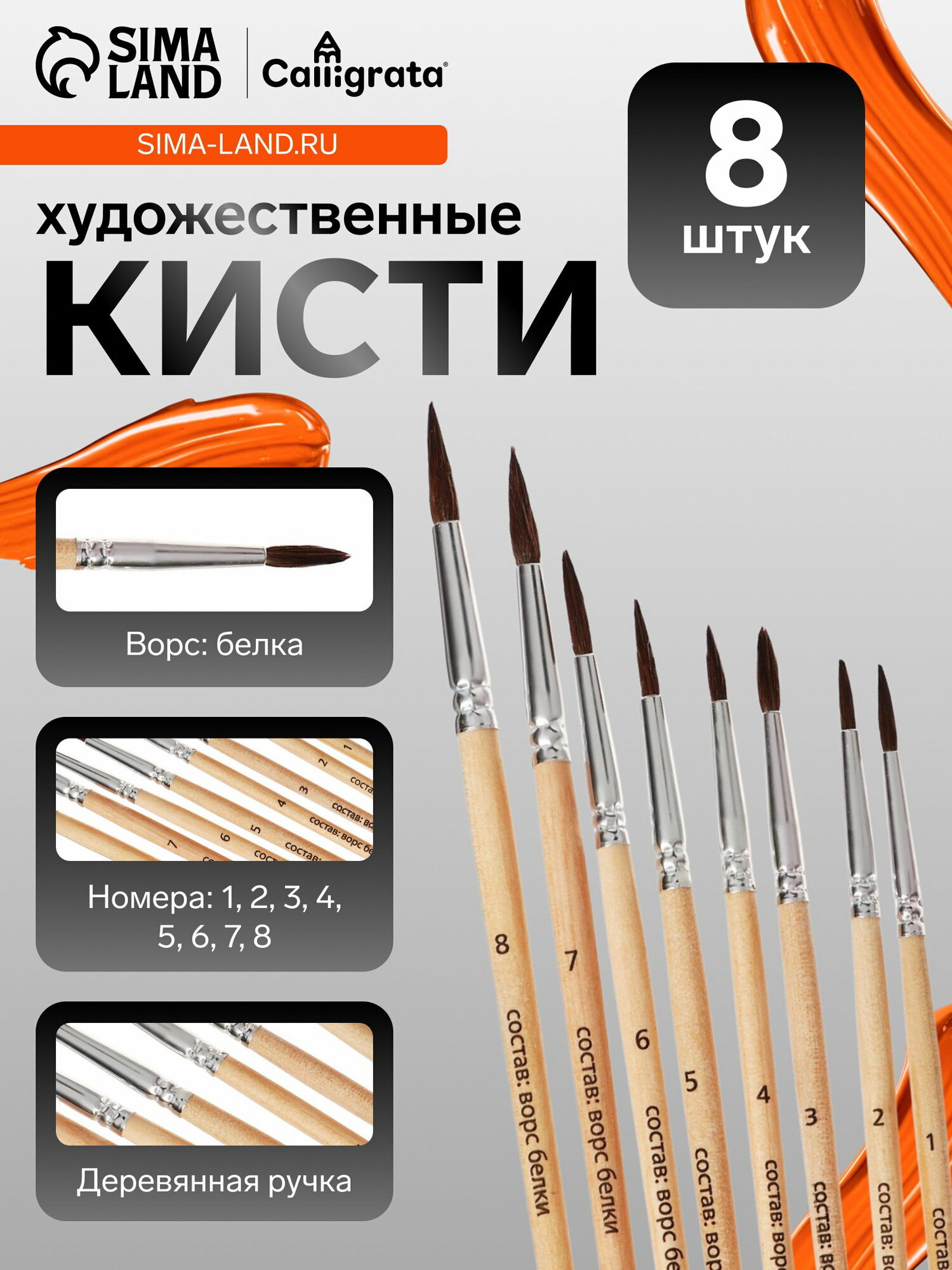 Набор кистей для рисования, белка, 8 штук: № 1, 2, 3, 4, 5, 6, 7, 8, круглые, деревянная ручка, международный размер