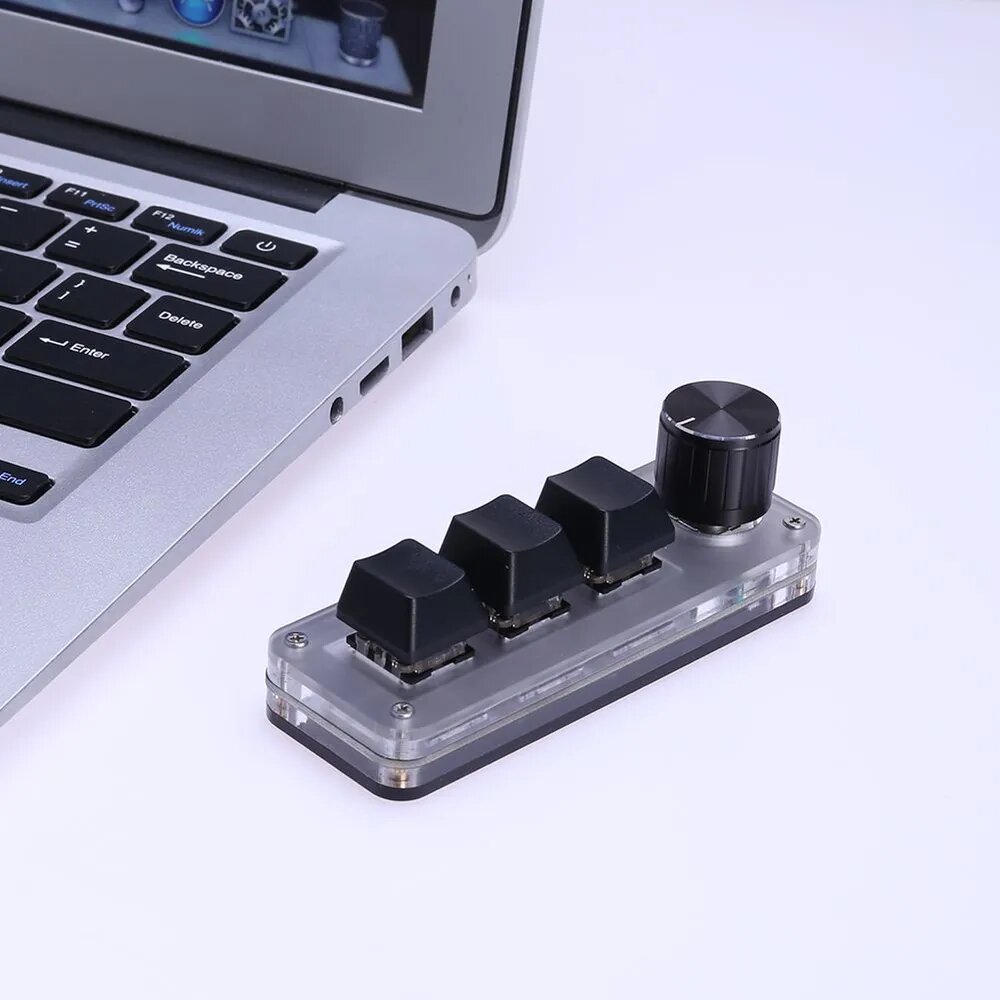 Программируемая мини-клавиатура USB с тремя механическими клавишами и регулятором громкости, светодиодной подсветкой RGB, переключаемыми режимами и горячей заменой переключателей