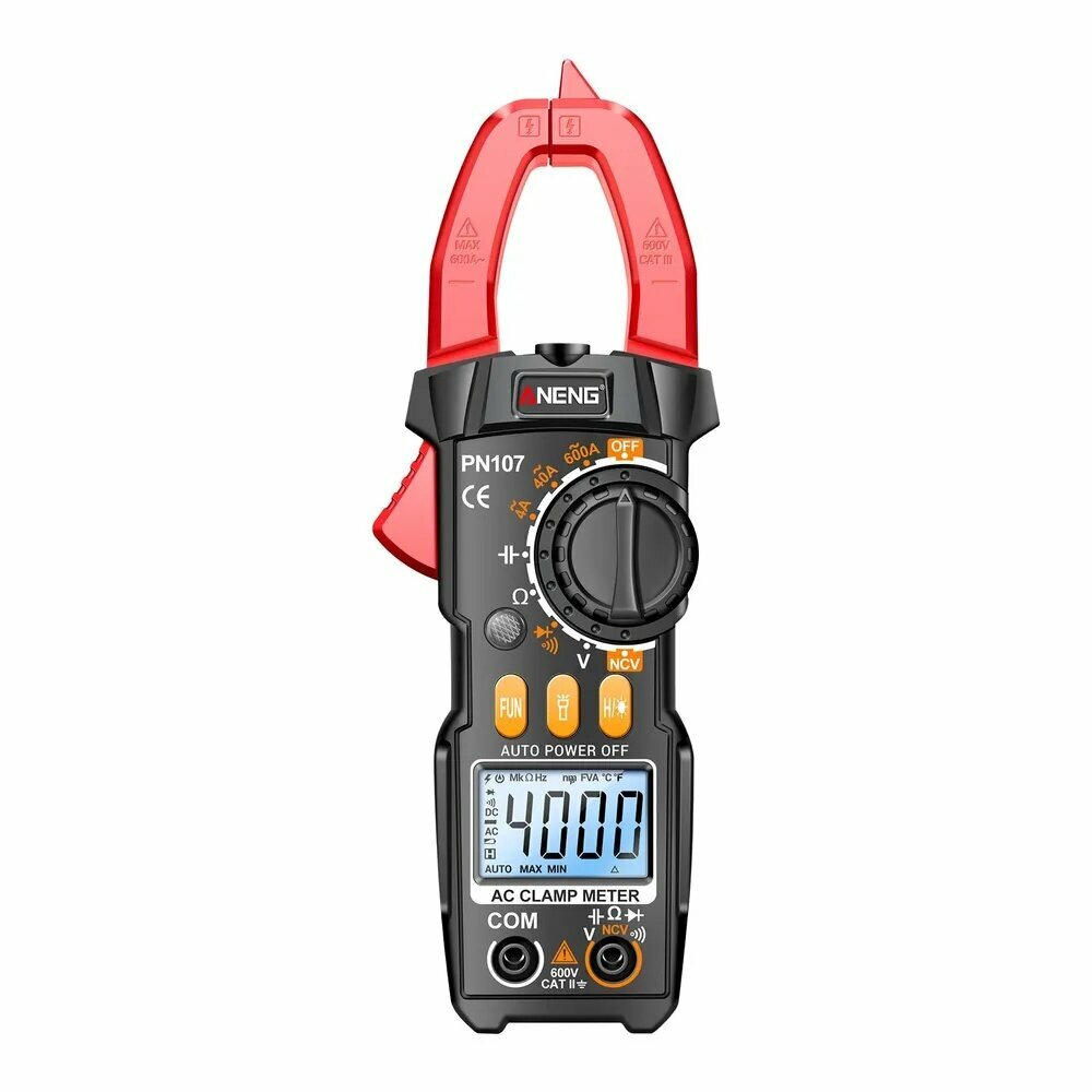 ANENG PN107 цифровой токоизмерительный клещ CAT II 600V AC, мультиметр, тестер тока, напряжения, сопротивления, конденсаторов, диодов, NCV