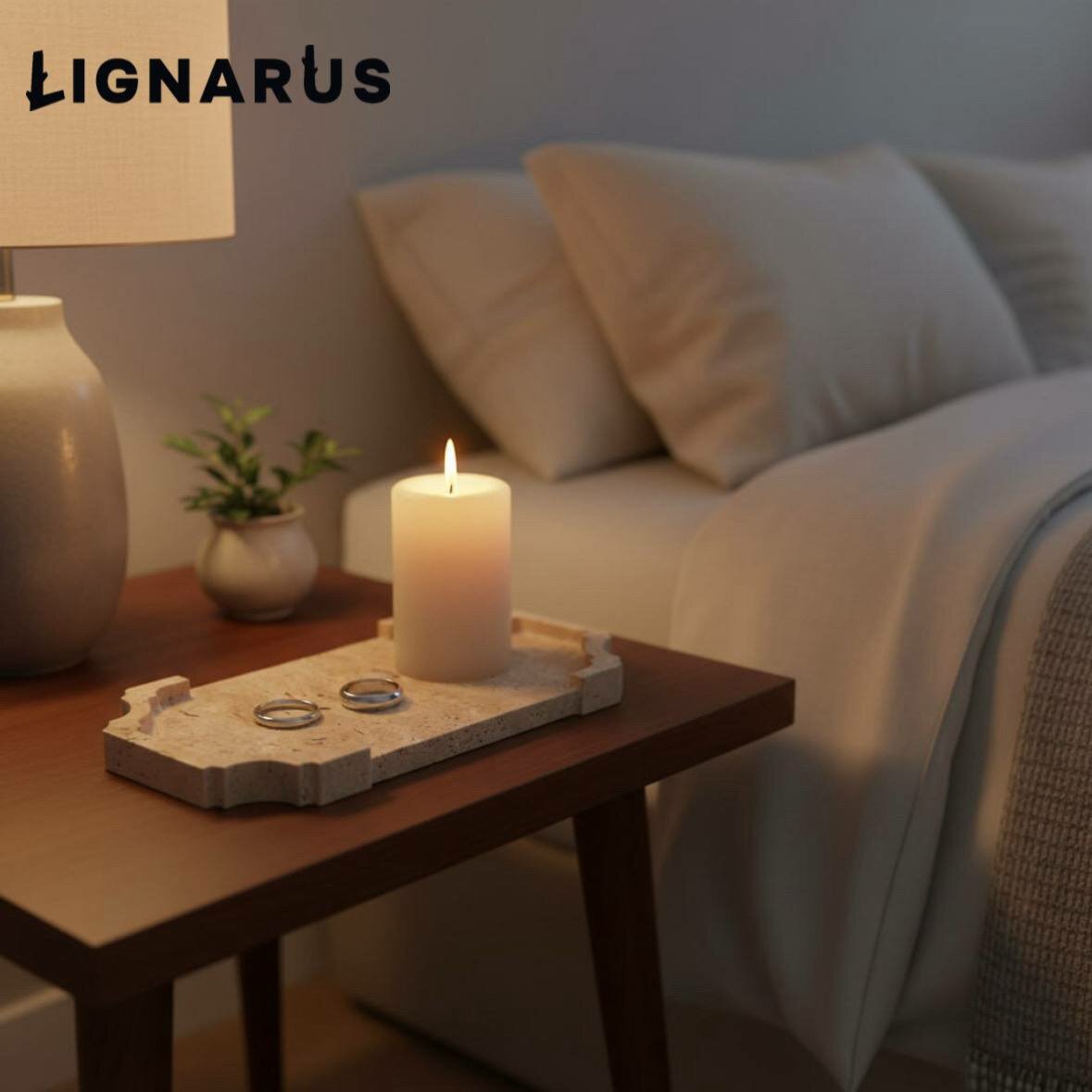 Интерьерный поднос из натурального травертина Lignarus | каменный органайзер ручной работы