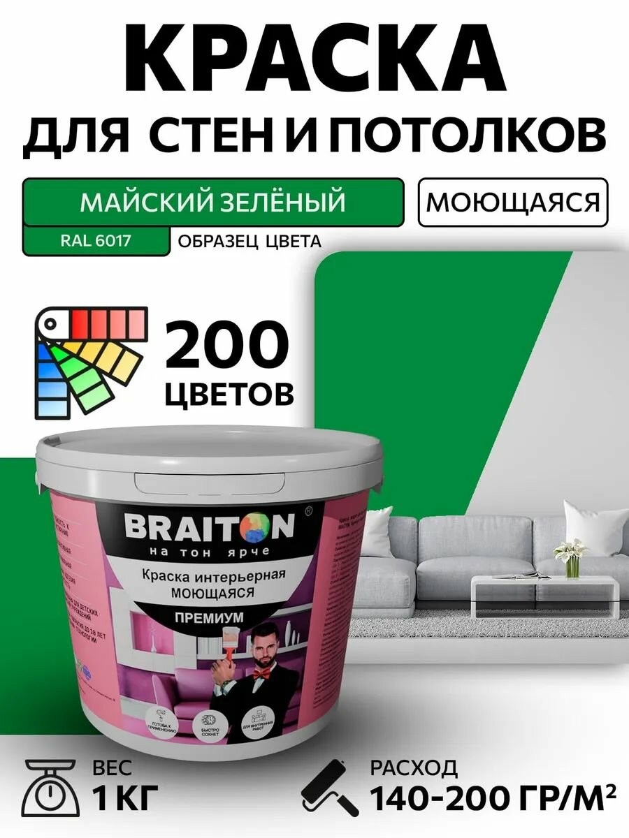 Краска ВД интерьерная BRAITON Премиум Моющаяся 1 кг. Цвет Майский зелёный RAL 6017 акриловая, быстросохнущая, для наружных и внутренних работ, для стен и потолков, матовое покрытие