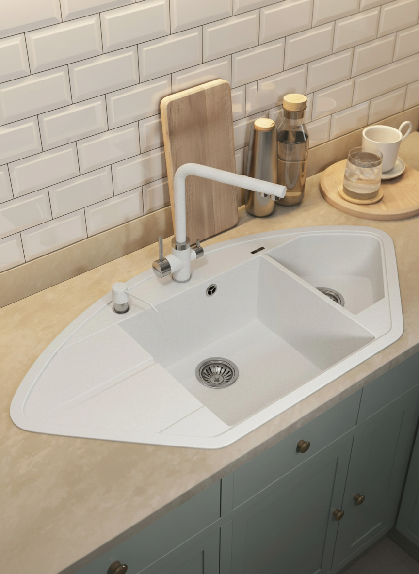 Кухонная мойка кварцевая Uperwood Quartz UPD-06-01, угловая двухсекционная, белая