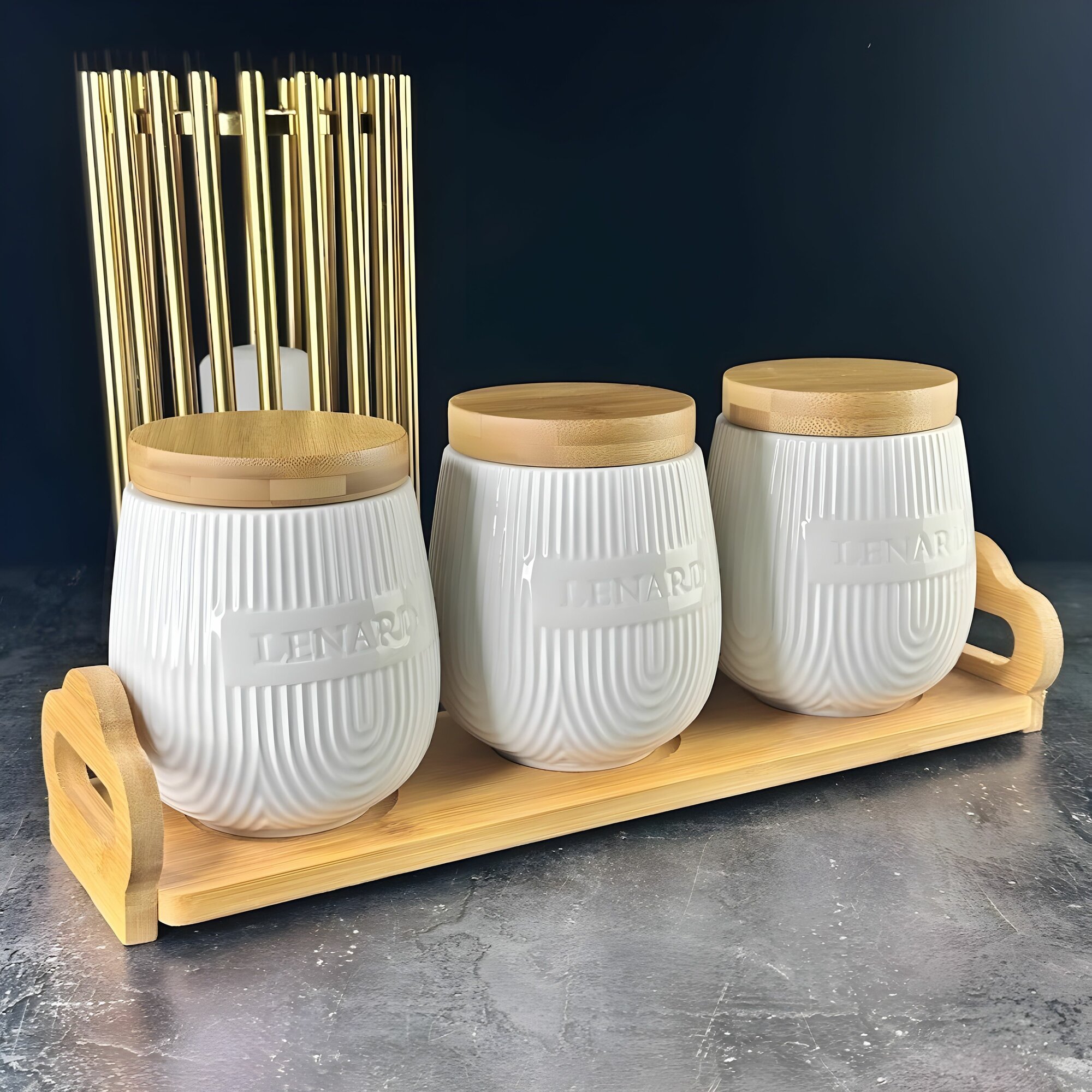 Набор из 3 банок 600 мл на подставке Bamboo Lenardi, емкость для хранения с крышкой фарфор, контейнер