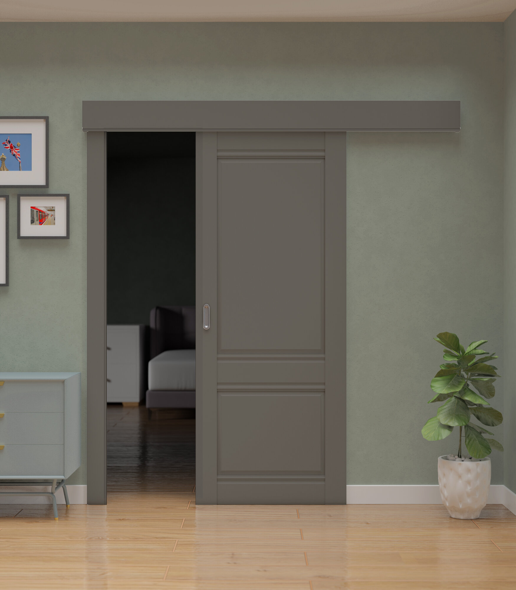 Дверь раздвижная Сицилия 80х200см, софт грей гладкий, 100 % заполнение,( комплект: полотно + раздвижной механизм + добор)