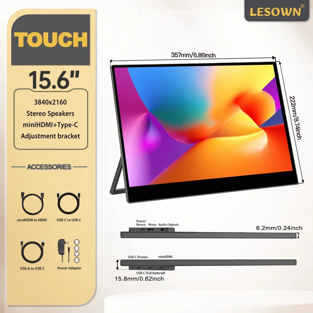 LESOWN Портативный 4K монитор 15.6 дюймов 4K touch