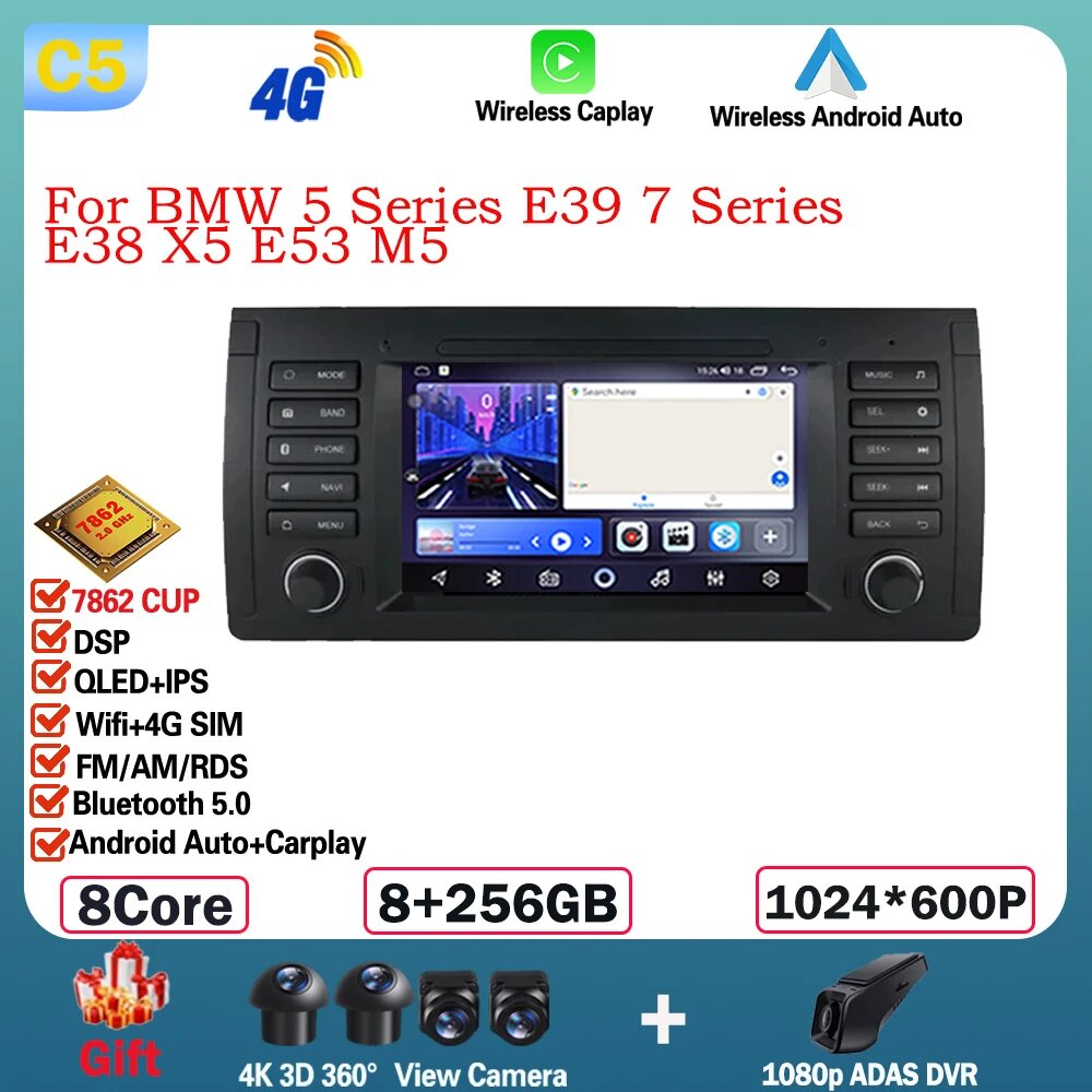 Автомобильный радиоприемник Android 15 для BMW 5 серии E39 7 серии E38 X5 E53 M5, автоматические кнопки Carplay, автомобильная стереосистема GPS, интеллектуальная система 4G 8G 256G 4G 360 DVR