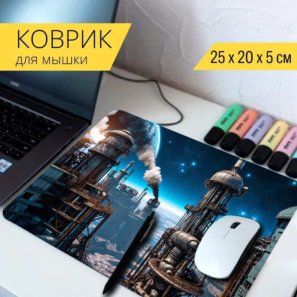 Коврик для мыши с принтом "Космос в стиле стимпанк, изображающие вечный космический город с высокими механизмами, паровой энергией и антигравитацией" 25x20см.