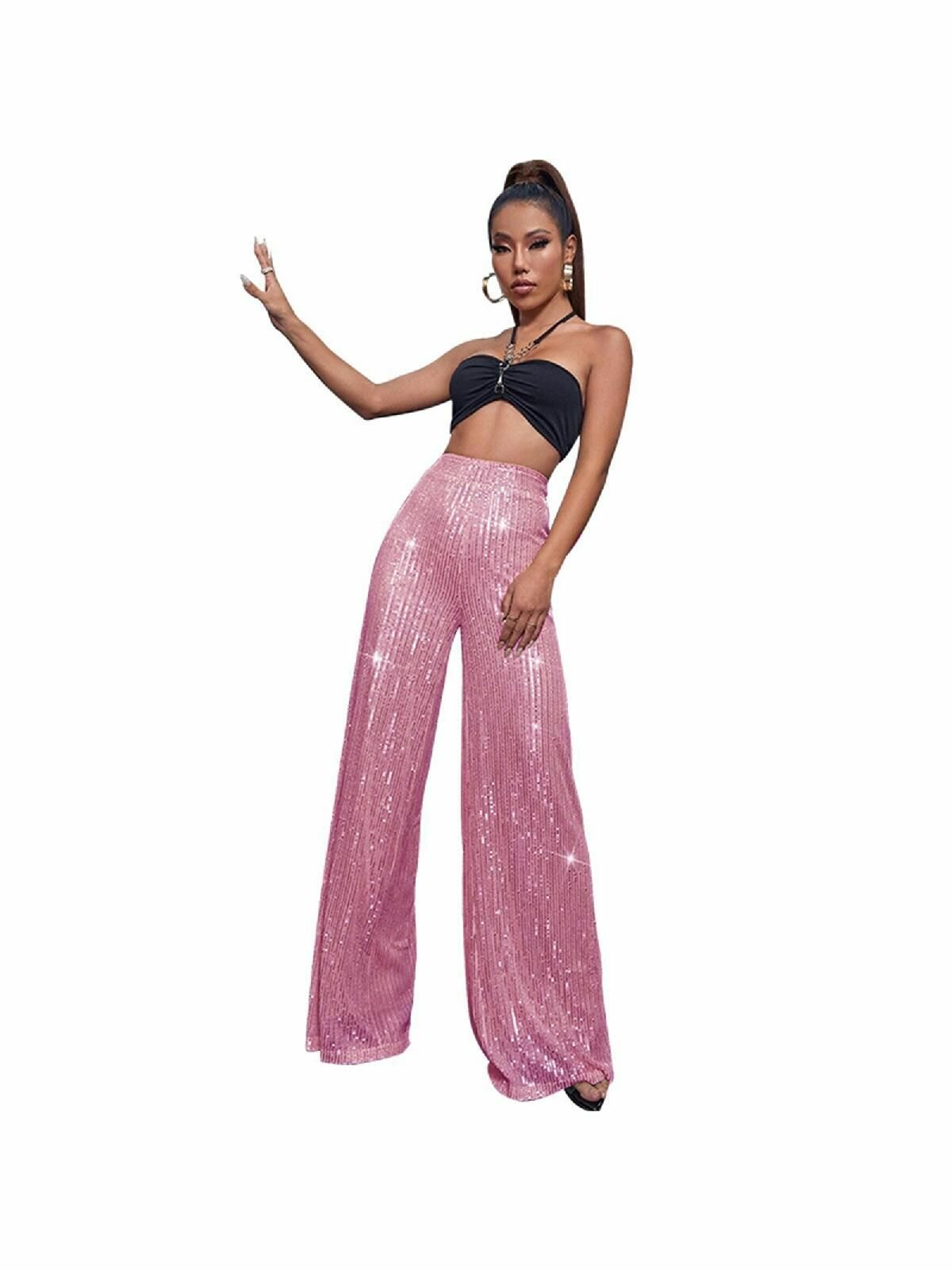 Блестящие женские брюки-клеш, Розовый с золотом - XXL