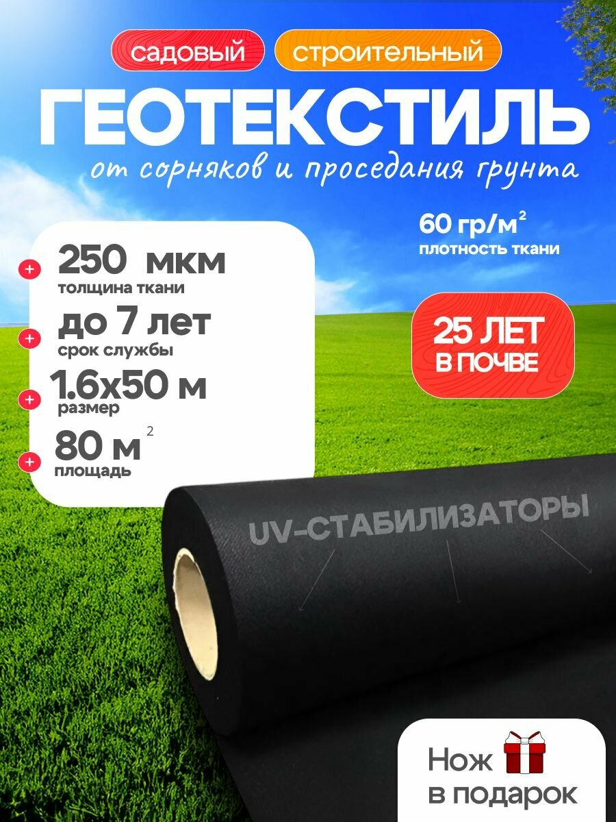 Укрывной материал, геотекстиль для дорожек и от сорняков 60 г/м 1.6х50 м