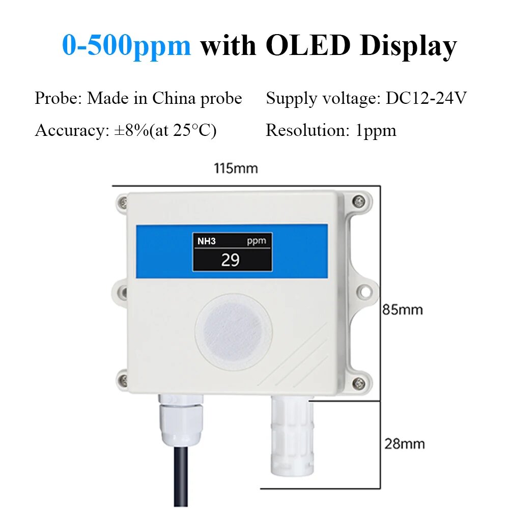 Датчик аммиака NH3 Sensor RS485, 500ppm OLED
