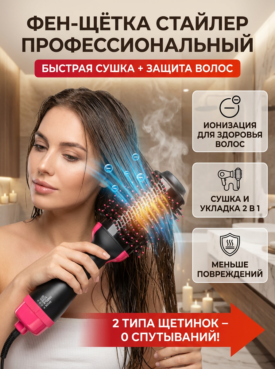 Фен-щетка для волос 3 в 1, Термощетка, Выпрямитель для волос, Стайлер, Расческа