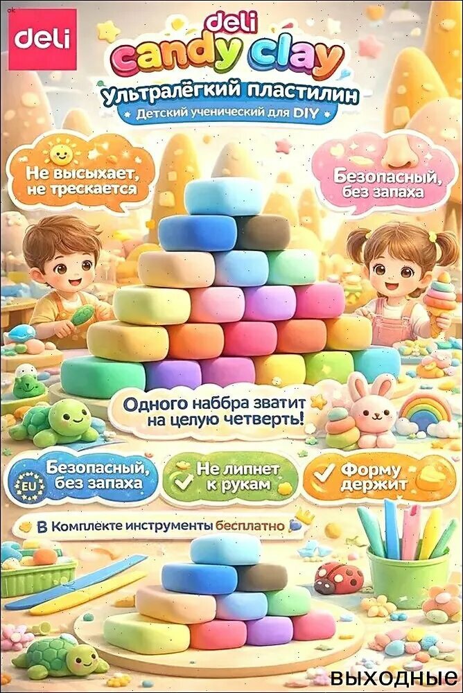 Candy clay набор, глина для лепки самозастывающая