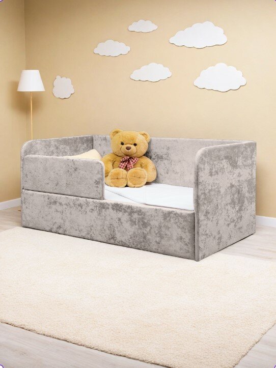 Кровать детская мягкая М-Стиль "Непоседа" 180х90 бежевая, прямая с защитным бортиком, кровать детская от 3 лет