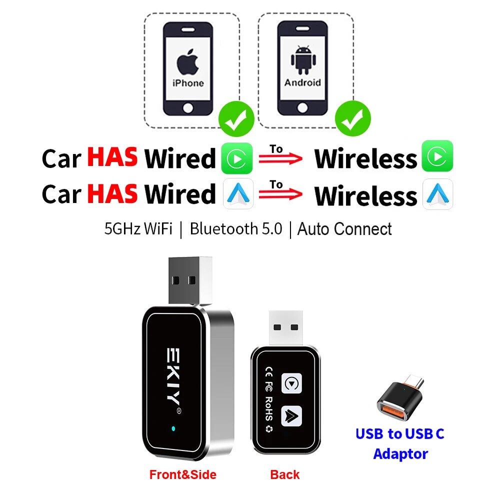 EKIY EC09 Mini Carplay Android Auto Проводной к беспроводному автомобильному адаптеру для EC09-SI-E