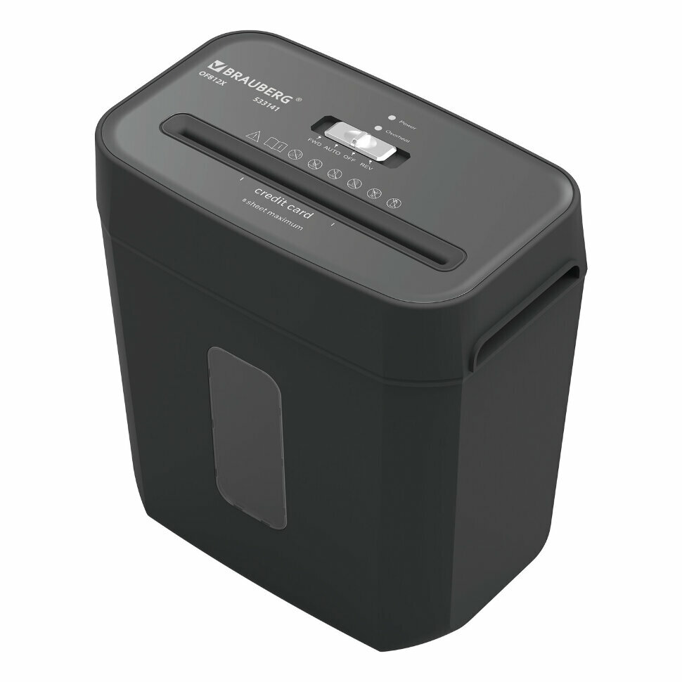 Уничтожитель (шредер) BRAUBERG OF-812X, карты, скобы, 4 уровень секретности, 4х35 мм, 8 листов, 12 литров, 533141, 533141