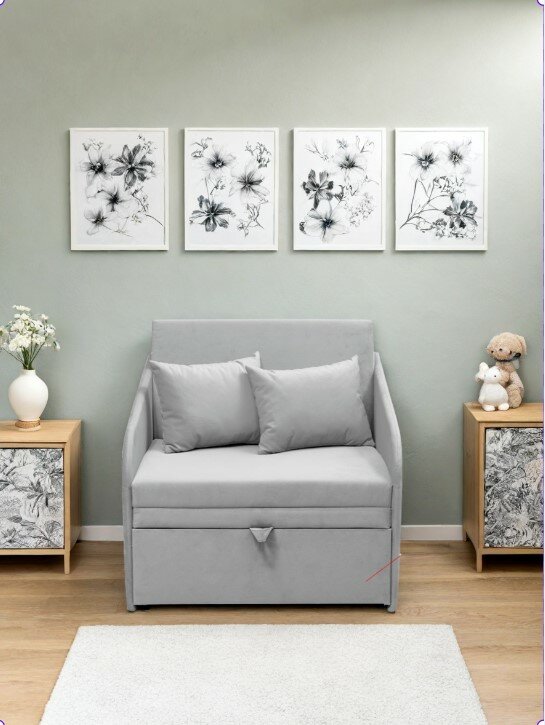 Детский диван М-Стиль "Малыш", выкатной, серый, велюровая обивка