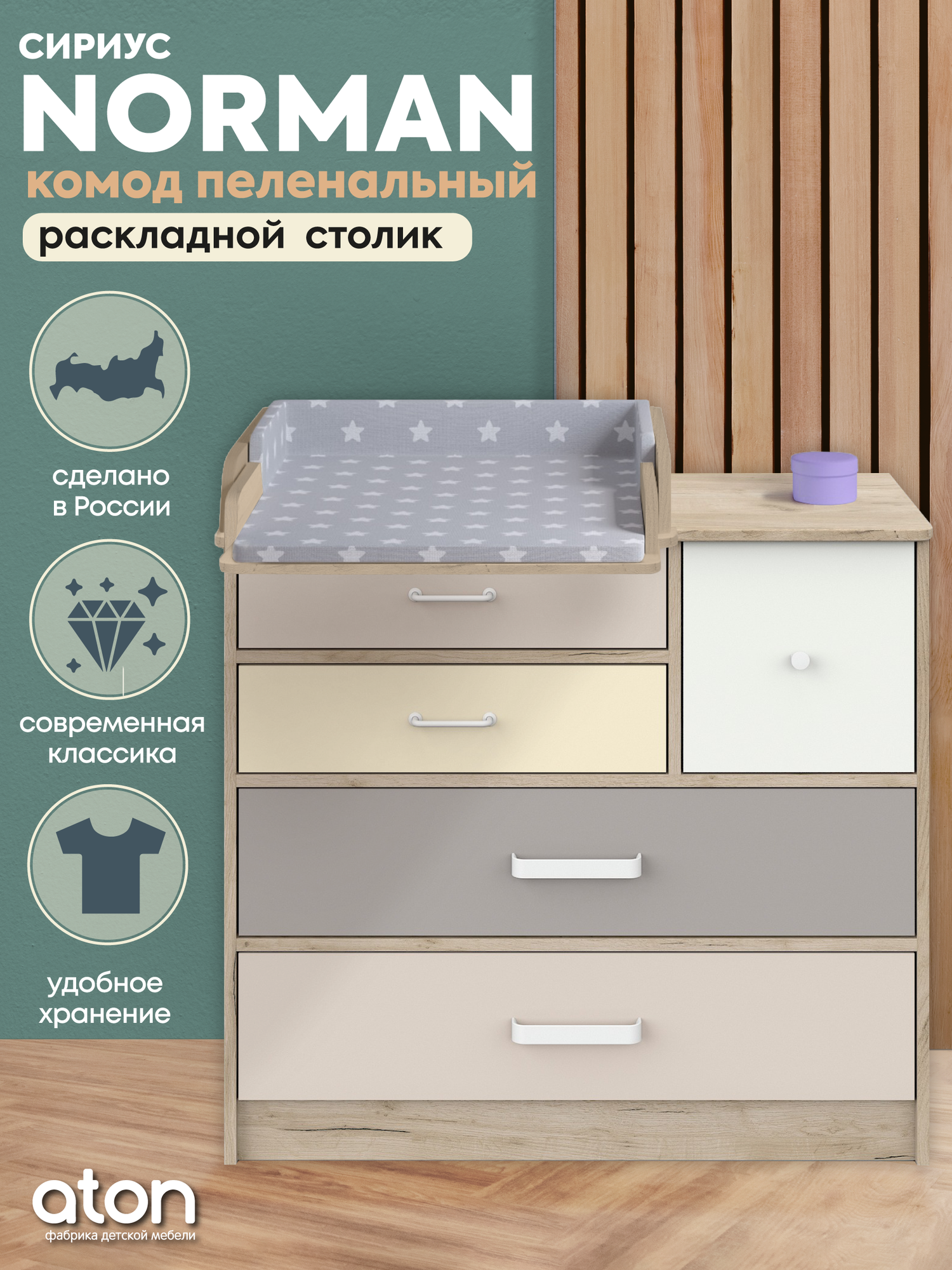 Детский пеленальный комод Атон Сириус Norman 905 с 5 ящиками, ЛДСП, дуб крафт серый-бежевый