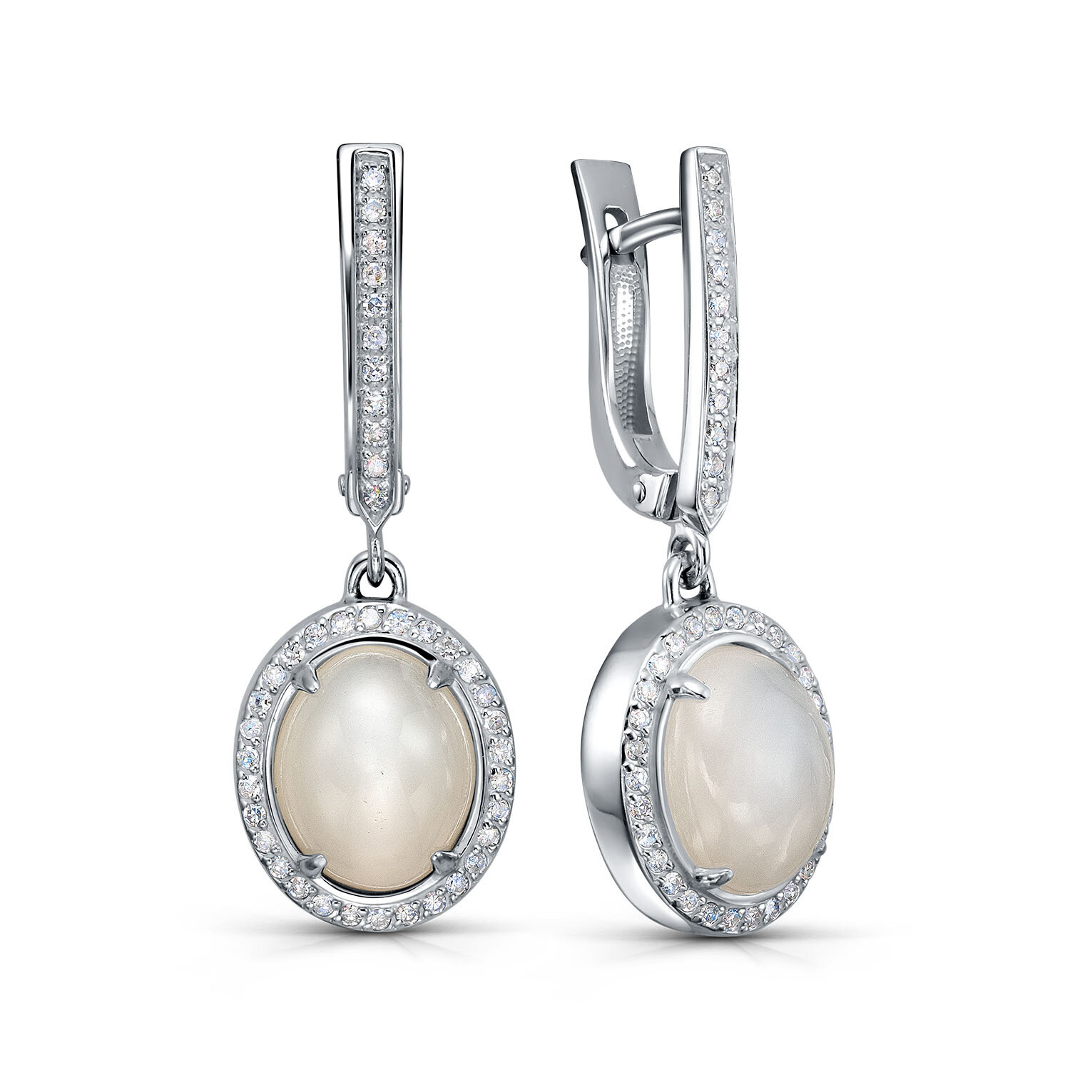 Серьги, белое золото, 585 проба, лунный камень, бриллиант