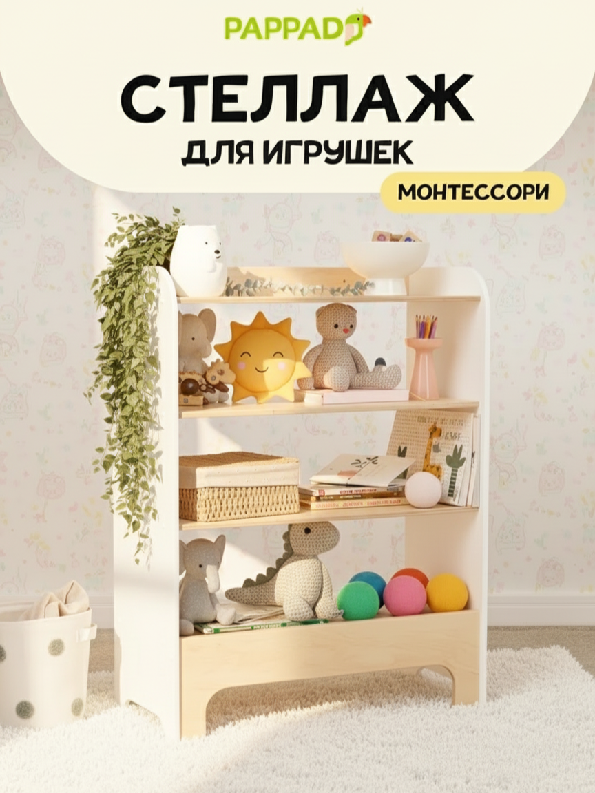 Стеллаж для игрушек и декора PAPPADO деревянный с полками белый/лак