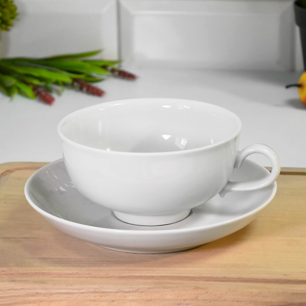 Чашка бульонная 400 мл с блюдцем, фарфор, белая, серия "HoReCa", 2 предмета