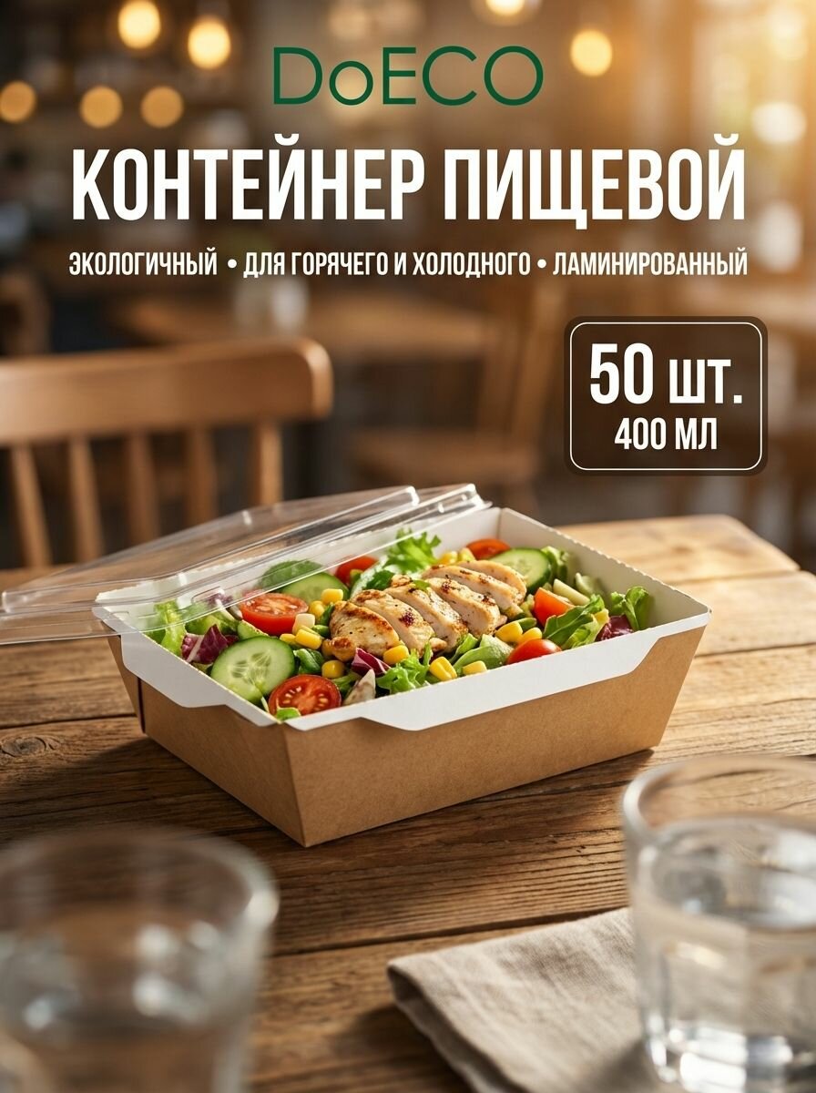 Коробка крафт пищевая DoECO контейнер одноразовый, упаковка 145х95х45 мм, 50 шт.