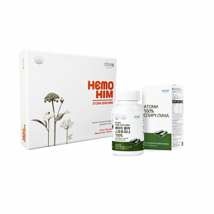 Набор: ХемоХИМ + Спирулина (ХемоХИМ ("Atomy HemoHIM") 60 саше-пакетов по 20мл (жидкость в саше-пакетах по 20 мл); Спирулина 100% Pure Spirulina. Упаковка: полимерная банка, 48г) Атоми