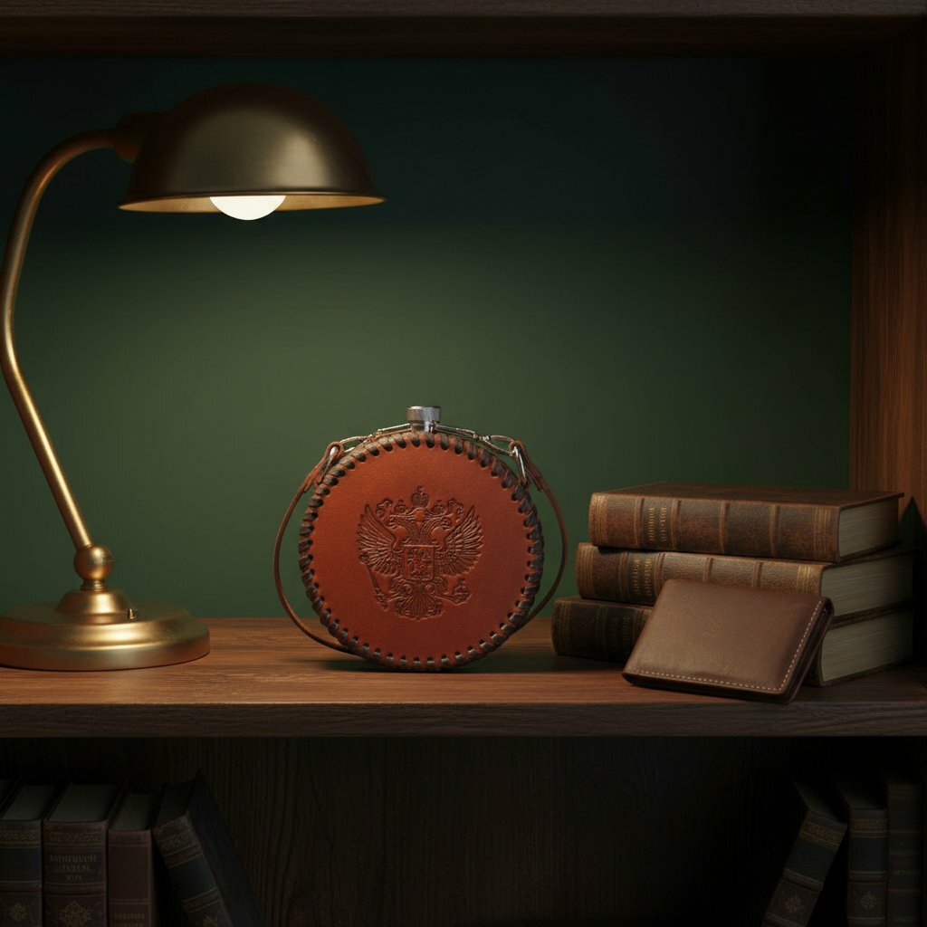 Фляга круглая Герб России (натуральная кожа)