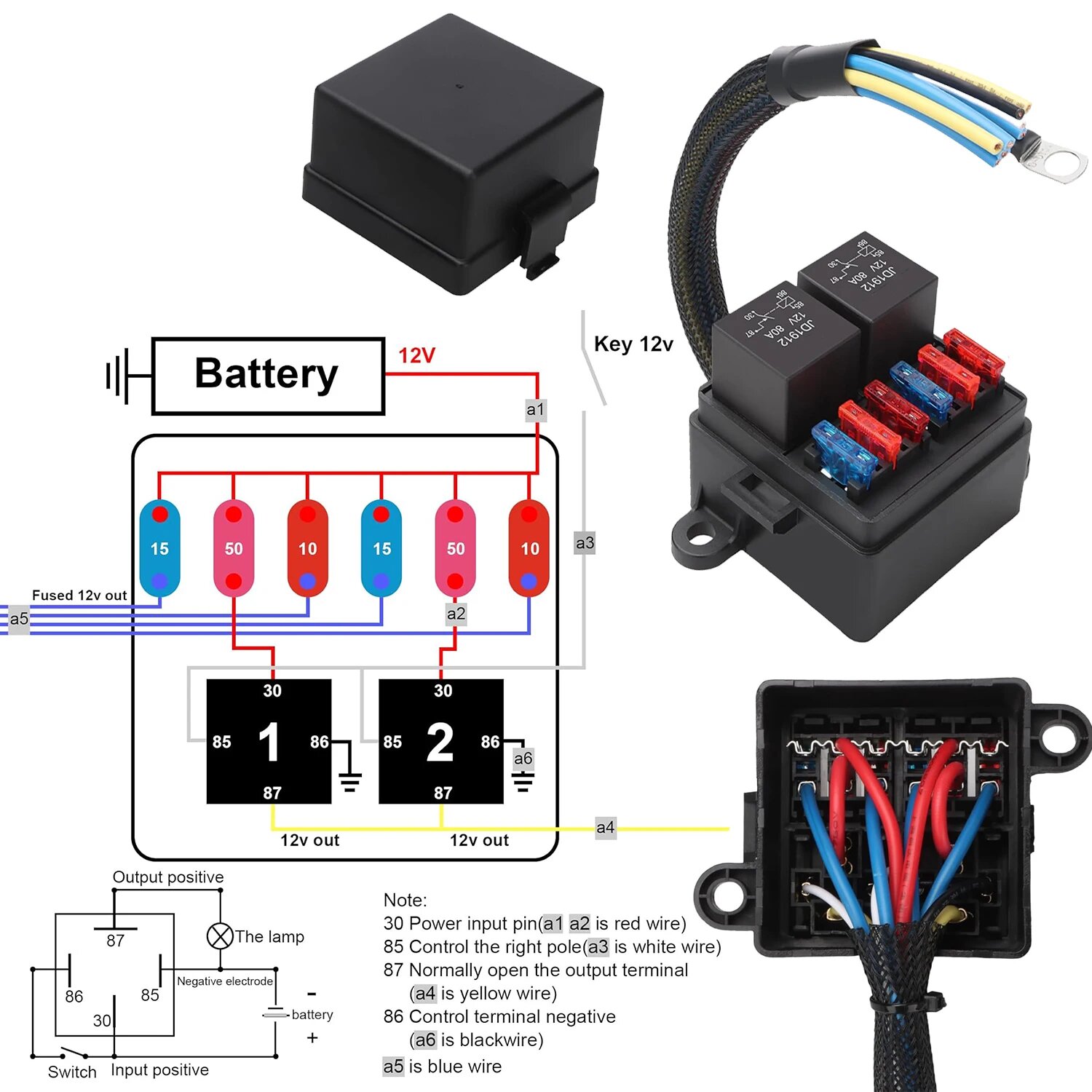 Релейный блок 2 реле с предохранителями, 40А, Color: 2 relays-6 fuses
