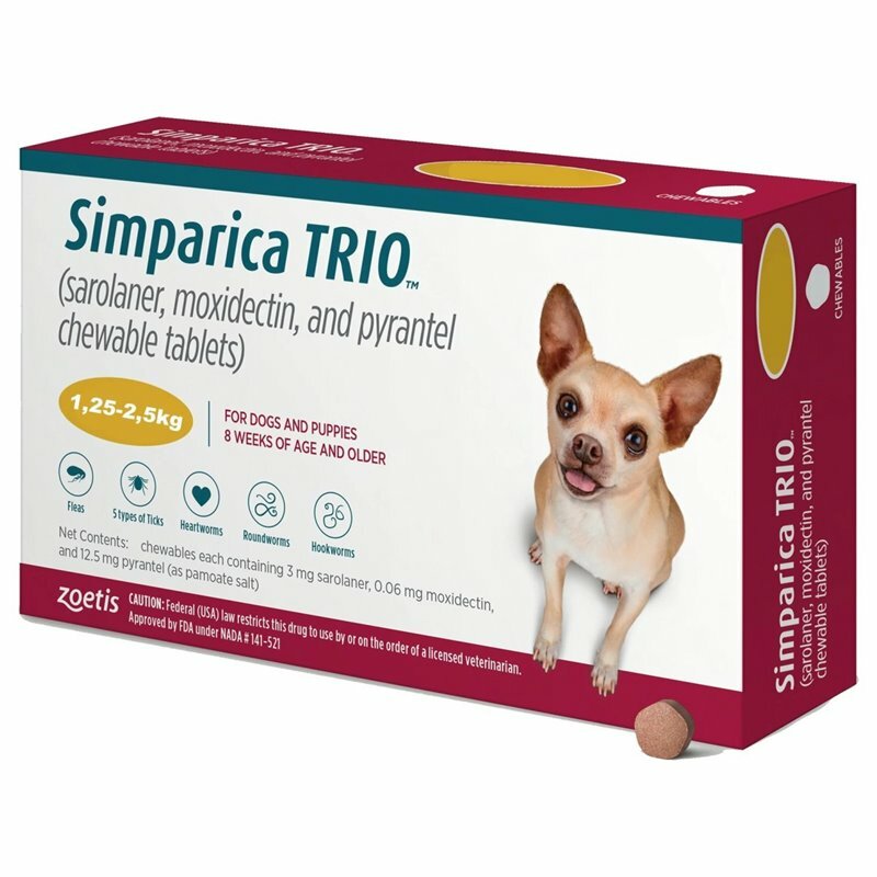 Симпарика трио (Simparica TRIO) для собак весом 1.25 - 2.5 кг от блох и клещей 3 таблетки
