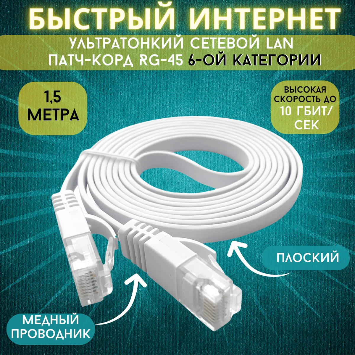 Сетевой кабель Cat6 для подключения к интернету, по локальной сети Ethernet, к роутеру, маршрутизатору,1,5 м