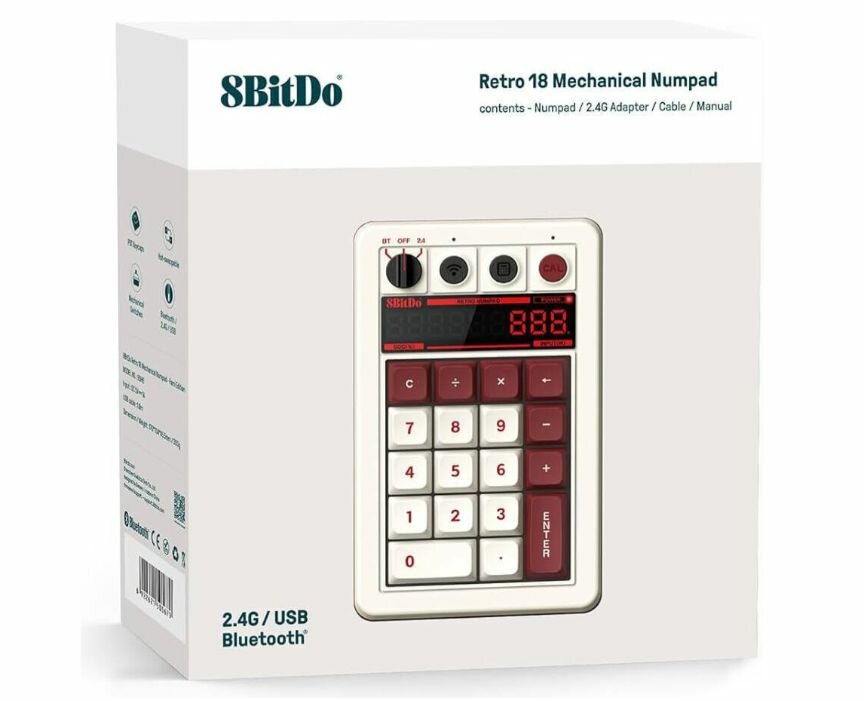 Игровая клавиатура 8BitDo нумпад 18 клавиш, Retro калькулятор, переключатели Kailh Box White V2, трехрежимное подключение, BT / 2,4 ГГц / USB-C, Hot Swap, бордово белый