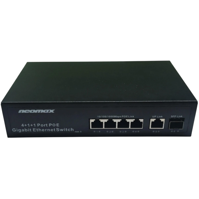 NEOMAX неуправляемый коммутатор NMS-106PoE-1000-S, 6 портов 1000 Mbps, 4xPoE+, 1xSFP, 110W, металл