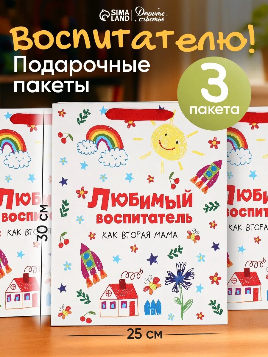 Пакет подарочный "Любимый воспитатель", набор 3 штуки, 30 × 26 × 9 см, вертикальные, ламинированные