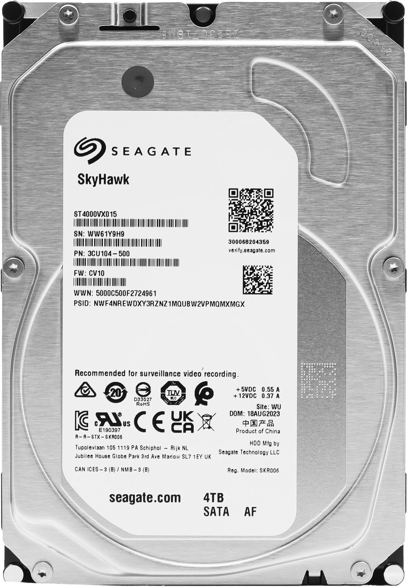 Жесткий диск Seagate Skyhawk ST4000VX015, 4ТБ, HDD, SATA III, 3.5", 5400 об/мин, 256МБ, для видеонаблюдения, CMR