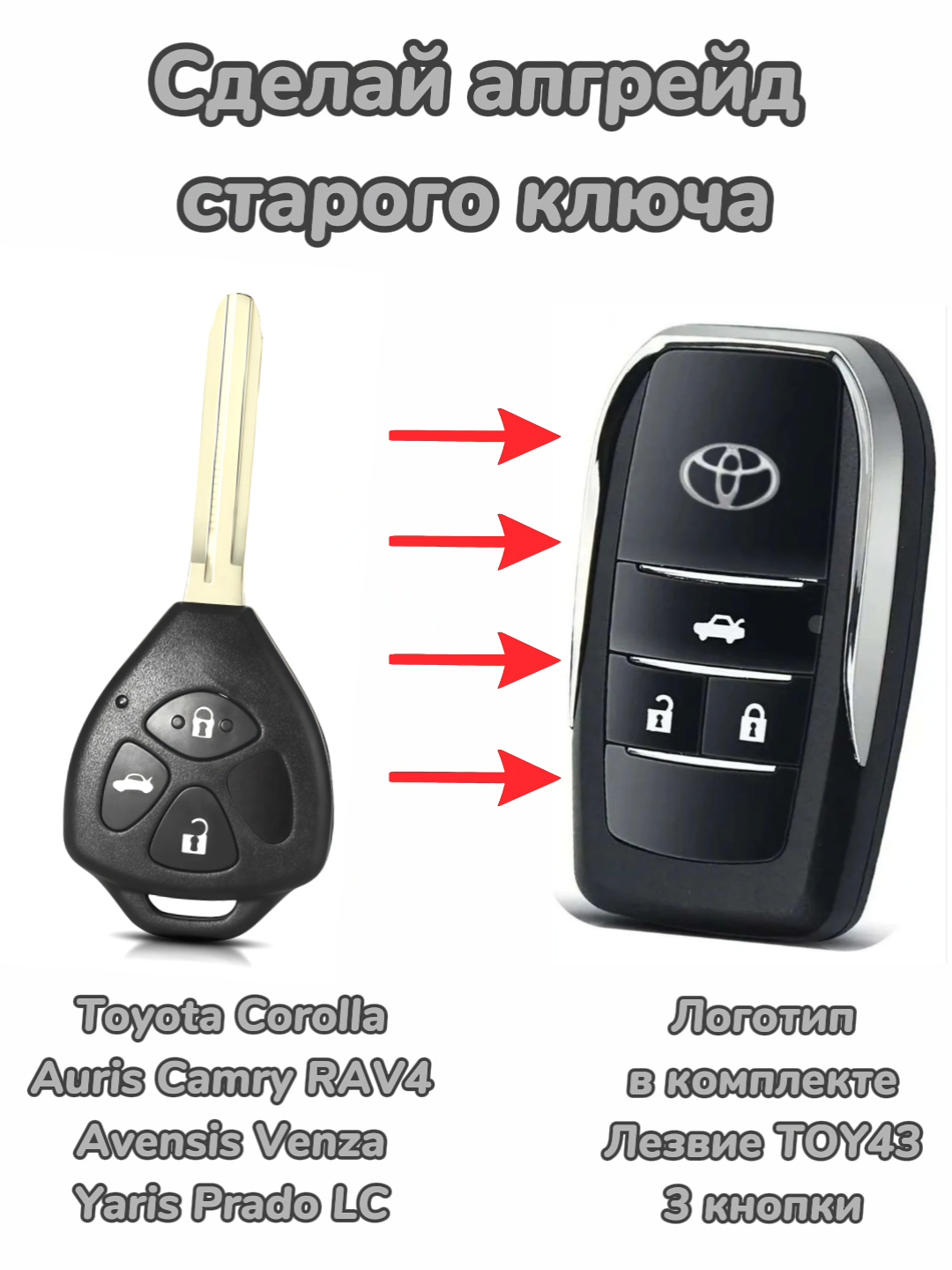 Раскладной корпус ключа Тойота Toyota Corolla Camry RAV4 Auris (3 кнопки) лезвие TOY43