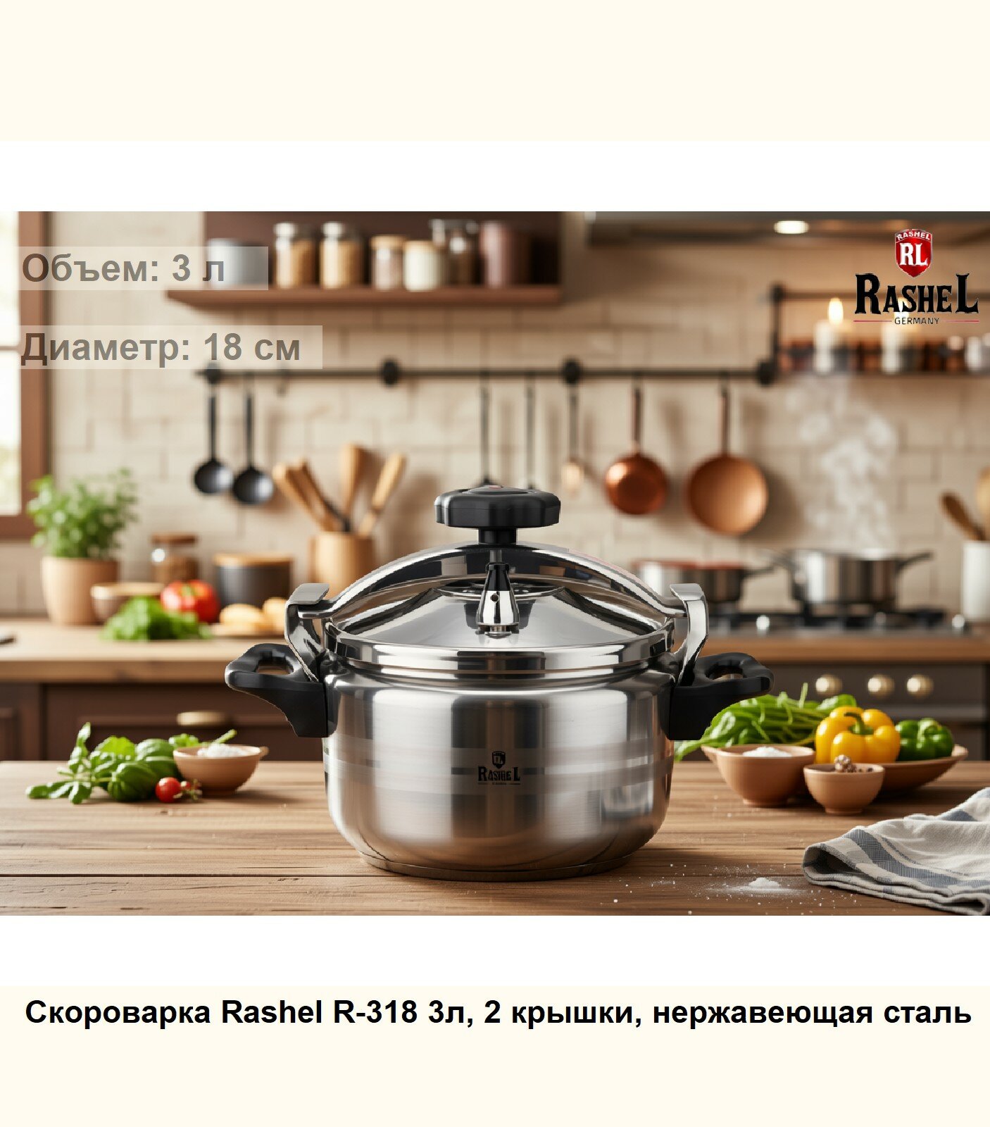 Скороварка Rashel R-318 3л, 2 крышки, нержавеющая сталь