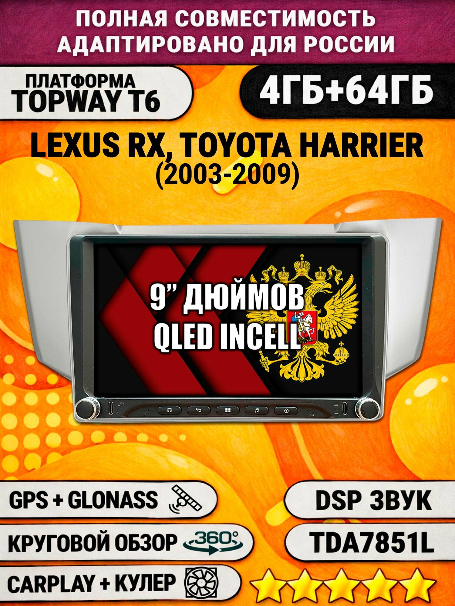 Штатная магнитола Андроид 9 для LEXUS RX300, RX330, RX350 (2003-2009), 4/64гб, DSP, 360 обзор, беспроводной CarPlay и Android Auto, GPS и ГЛОНАСС