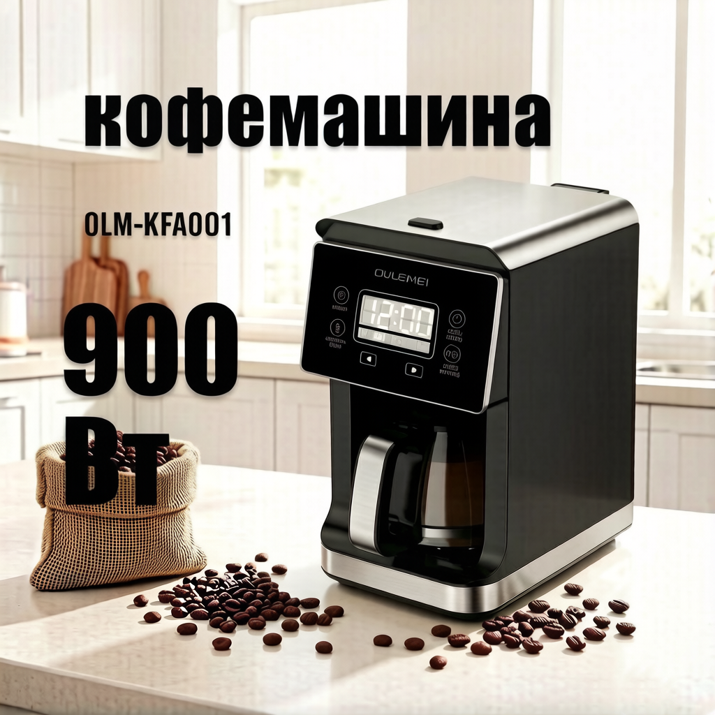 Кофемашина , с функцией помола, сенсорное управление, 900Вт, черная