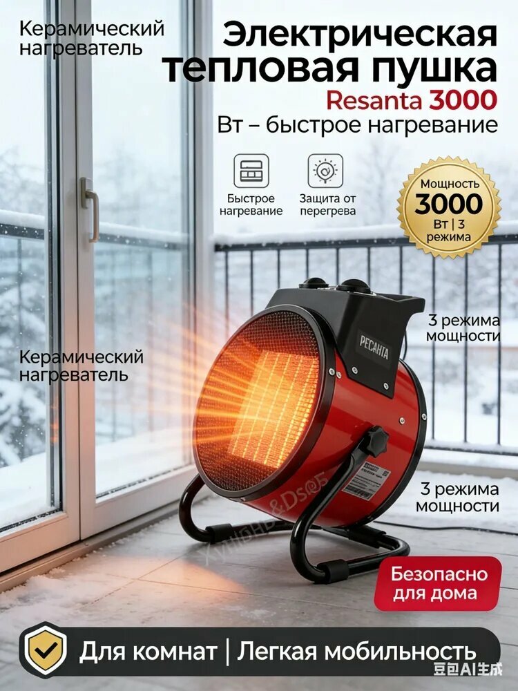 Тепловая пушка электрическая Ресанта ТЭПК-3K с керамическим нагревательным элементом. Обогреватель, тепловентилятор для дома
