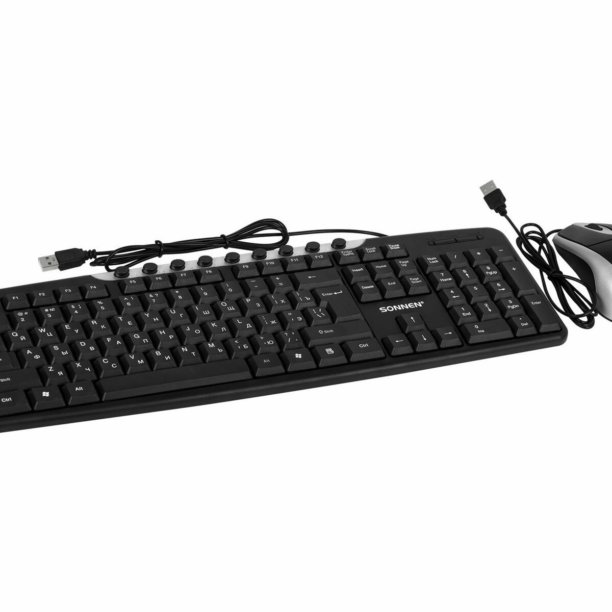 Набор клавиатура+мышь Sonnen KB-S110, USB, клавиатура 113 клавиш, мышь 3 кнопки, черный/серебристый (513854), 20 уп.