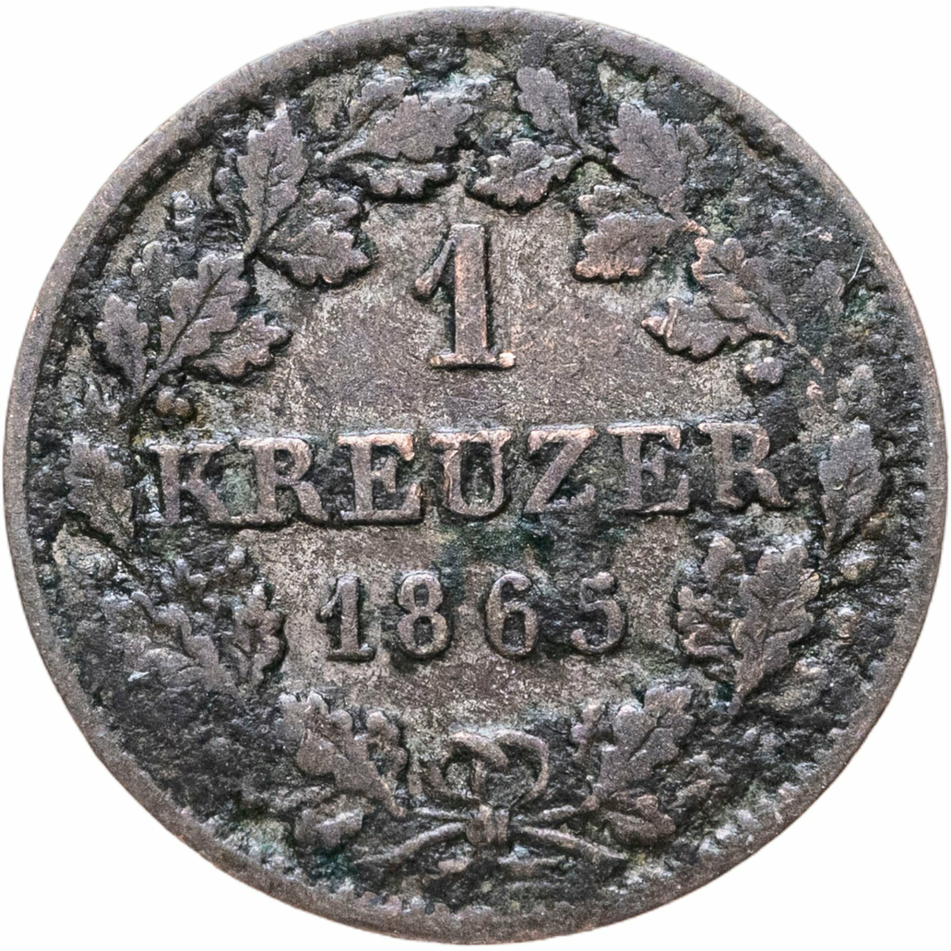 Германия, Бавария 1 крейцер 1865, Серебро 166, в сохранности XF