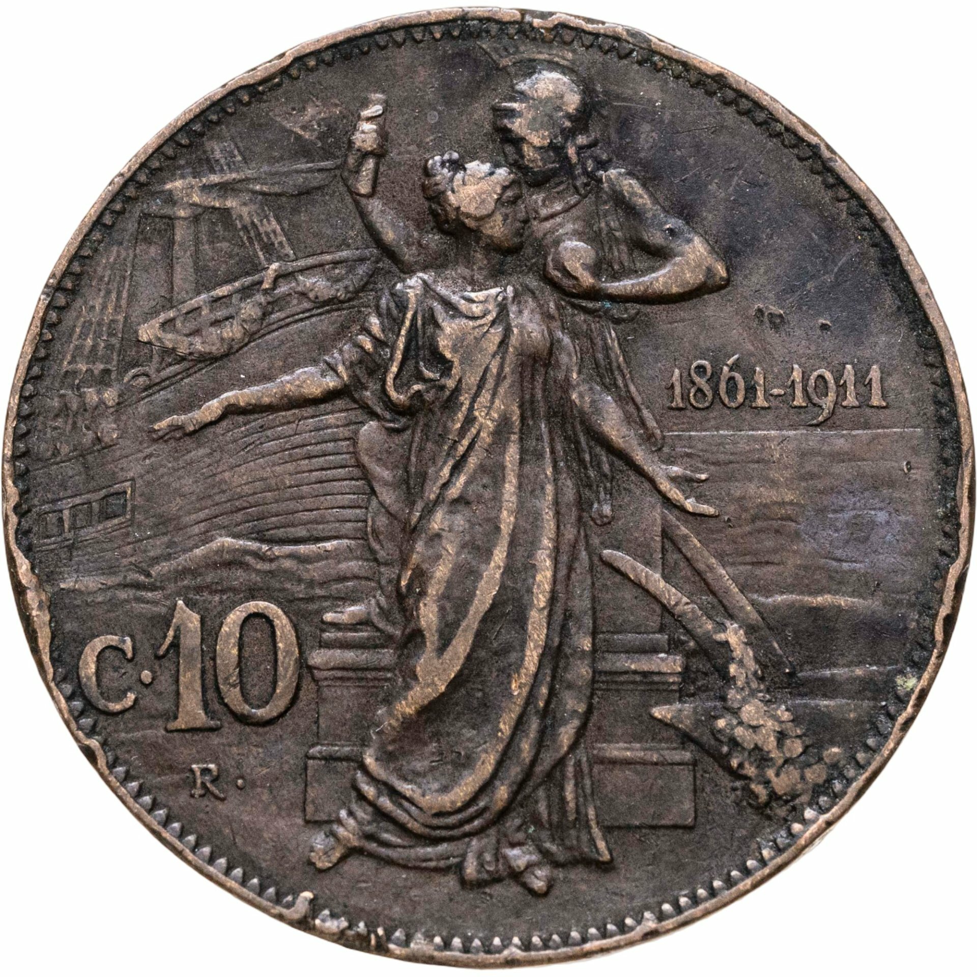 Италия 10 чентезимо centesimi 1911 "50 лет Королевству", Медь, в сохранности VF-XF