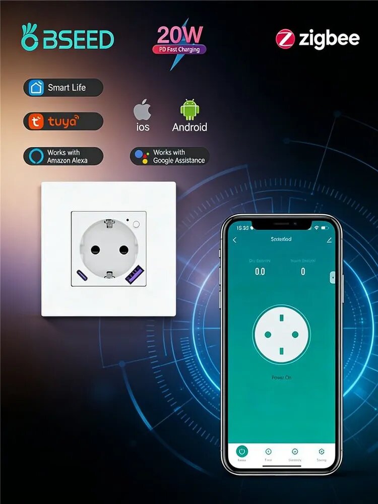 Розетка с USB и Type-C 20W быстрой зарядкой, с мониторинг потребления , Zigbee, управление с Алисой, пластиковые рамки