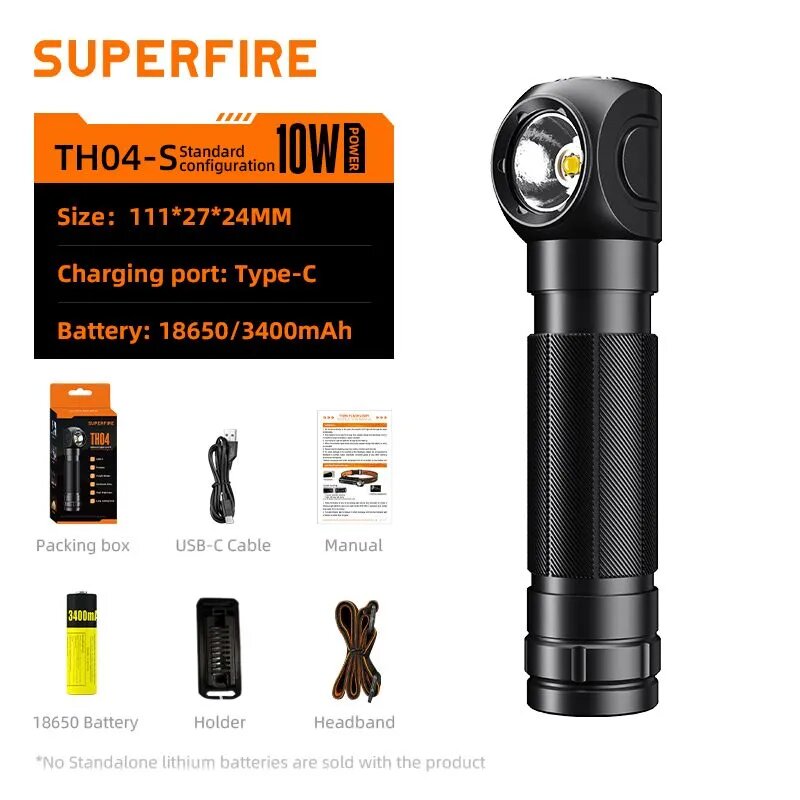 Налобный фонарь SUPERFIRE TH04, 10W, USB-C, аккумулятор 18650, черный