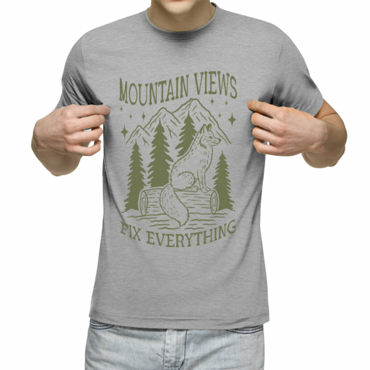 Мужская футболка «Вид на горы все исправит, хайкинг, поход, турист» (серый меланж, XL)