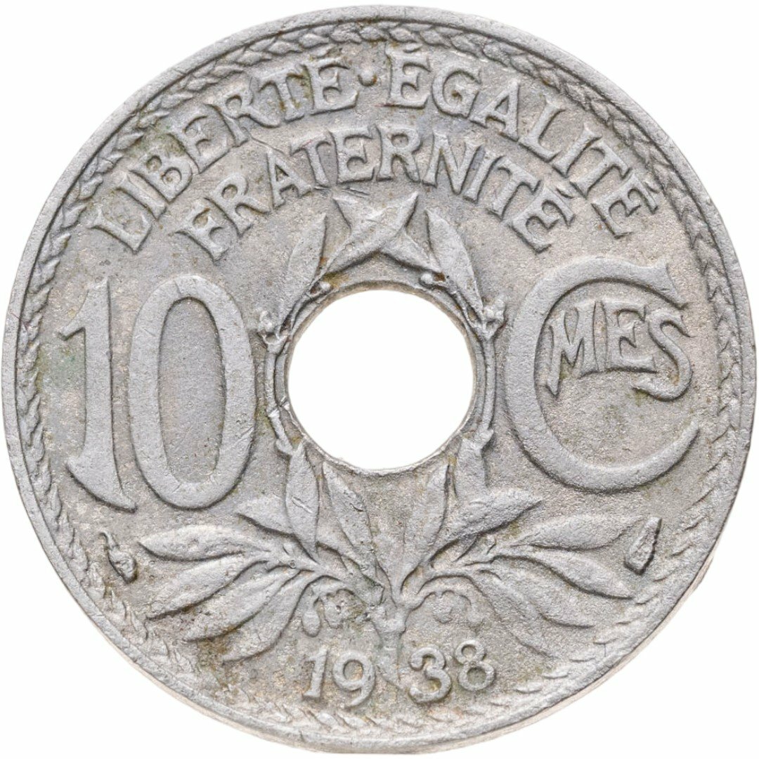 Франция 10 сантимов centimes 1938 Без точек вокруг даты, Мельхиор медь-никель, в сохранности VF