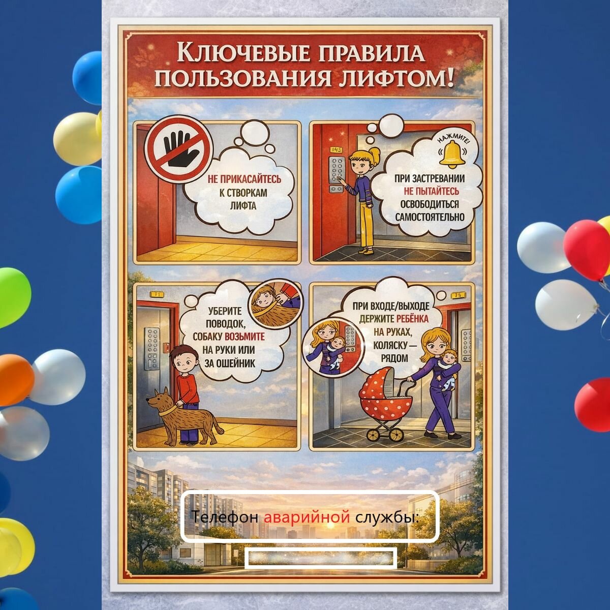 Ключевые правила пользования лифтом плакат 200х295 самоклейка ПВХ