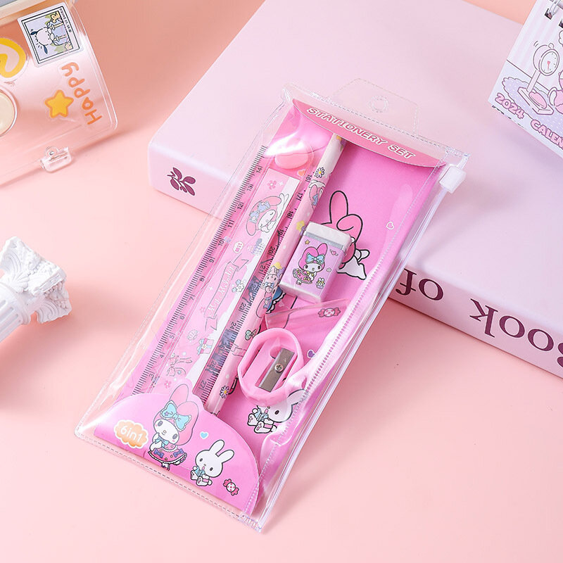 Набор канцелярских товаров Sanrio: линейка, карандаш, ластик, подарок для школьников к началу учебного года, приз для детского сада, оптовая продажа канцелярских товаров.