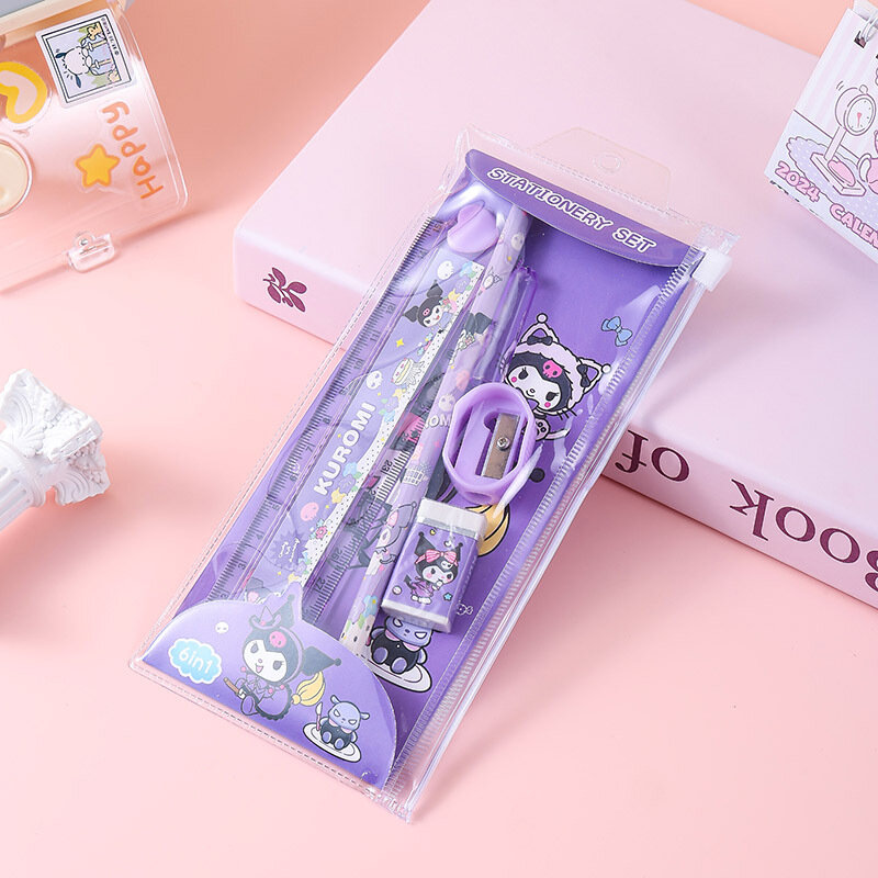 Набор канцелярских товаров Sanrio: линейка, карандаш, ластик, подарок для школьников к началу учебного года, приз для детского сада, оптовая продажа канцелярских товаров.