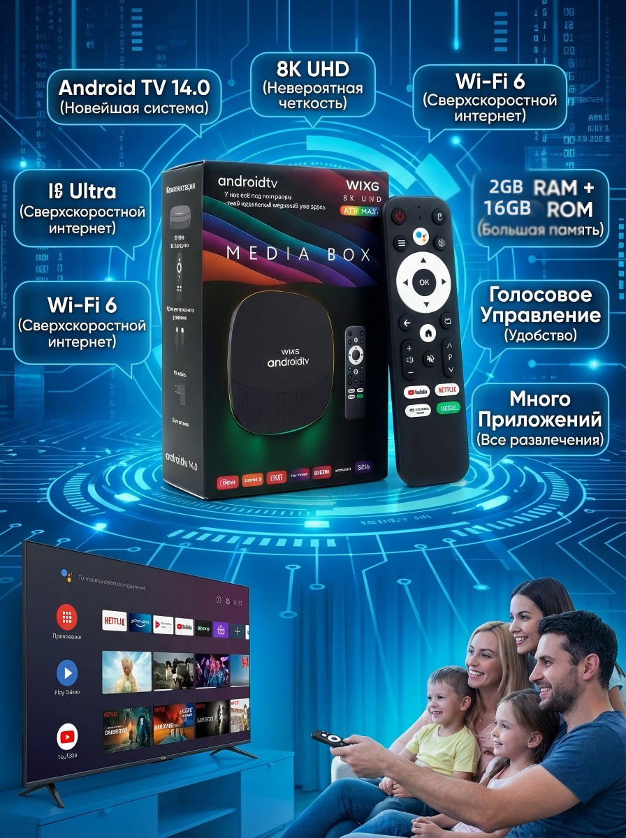 WIXG Медиаплеер Смарт ТВ приставка Android, , Bluetooth, Wi-Fi, черный матовый